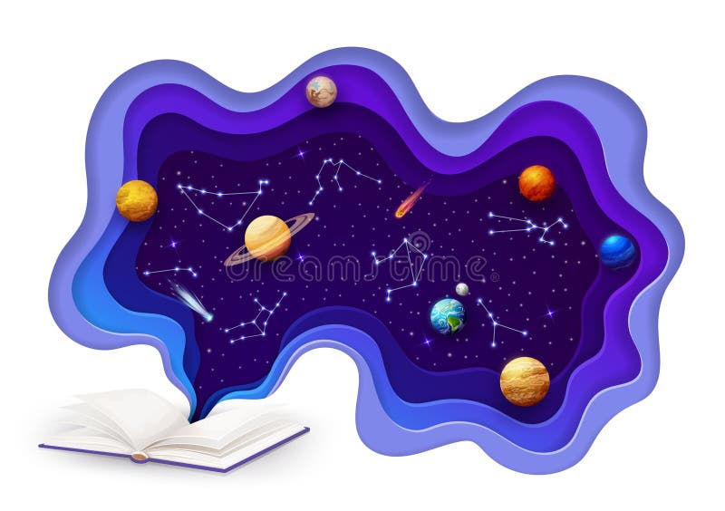 Space Paper Cut with Opened Book, Planets, Galaxy Stock Vector ...