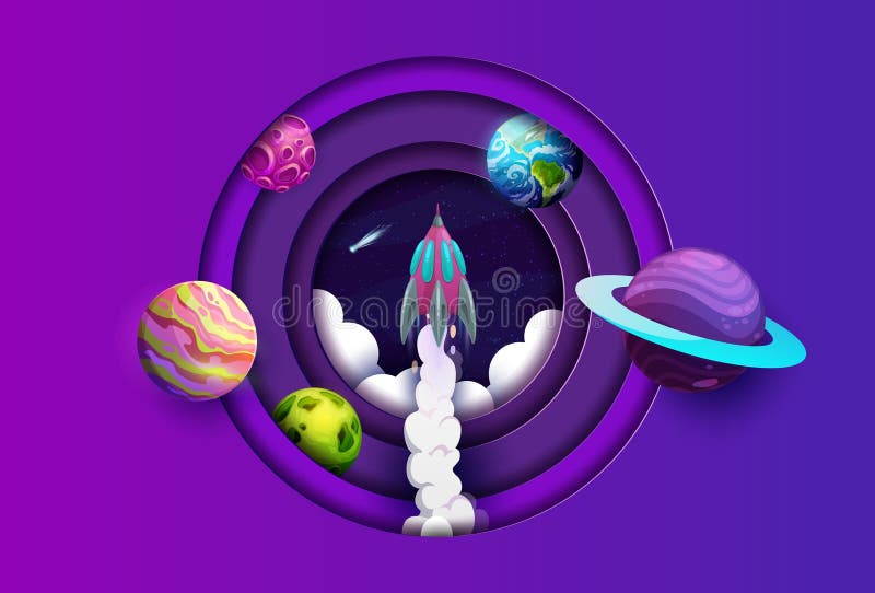 Space Paper Cut Rocket Launch and Galaxy Planets Stock Vector ...