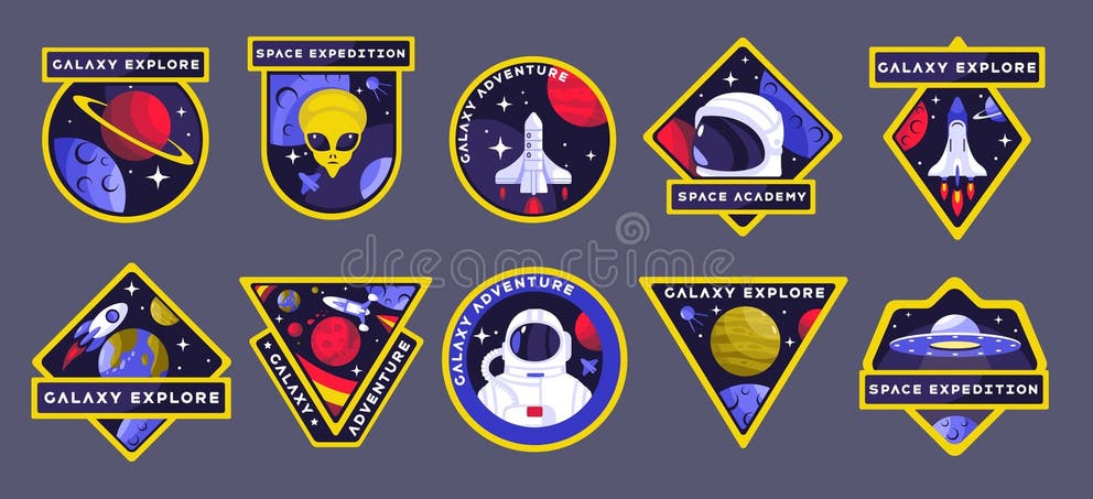 Space Patch. Cartoon Astronaut and Space Shuttle, Vintage Space ...