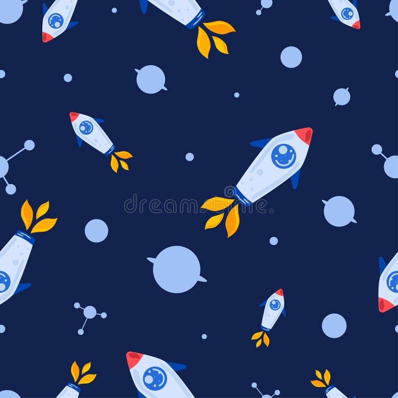 Space Pattern on Blue Background with Rockets and Planets Stock Vector ...