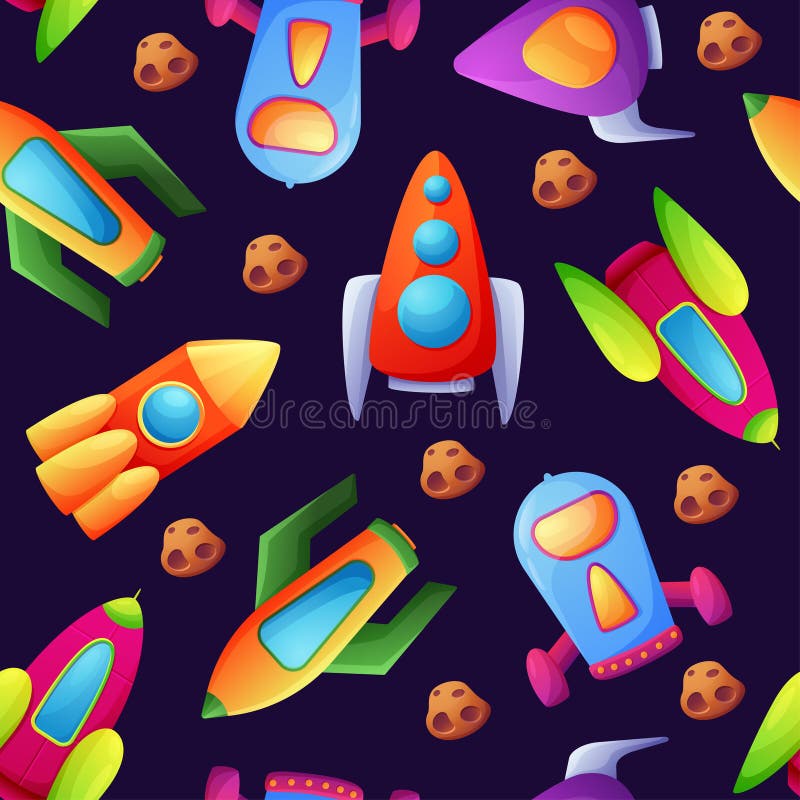 Space Pattern. Galaxy Seamless Background with Rocket, Ufo Spaceship ...