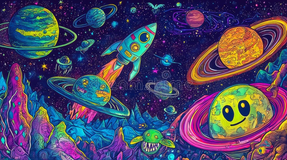 Space Pattern with Rockets with Smiling Faces, Planets with Rings Made ...