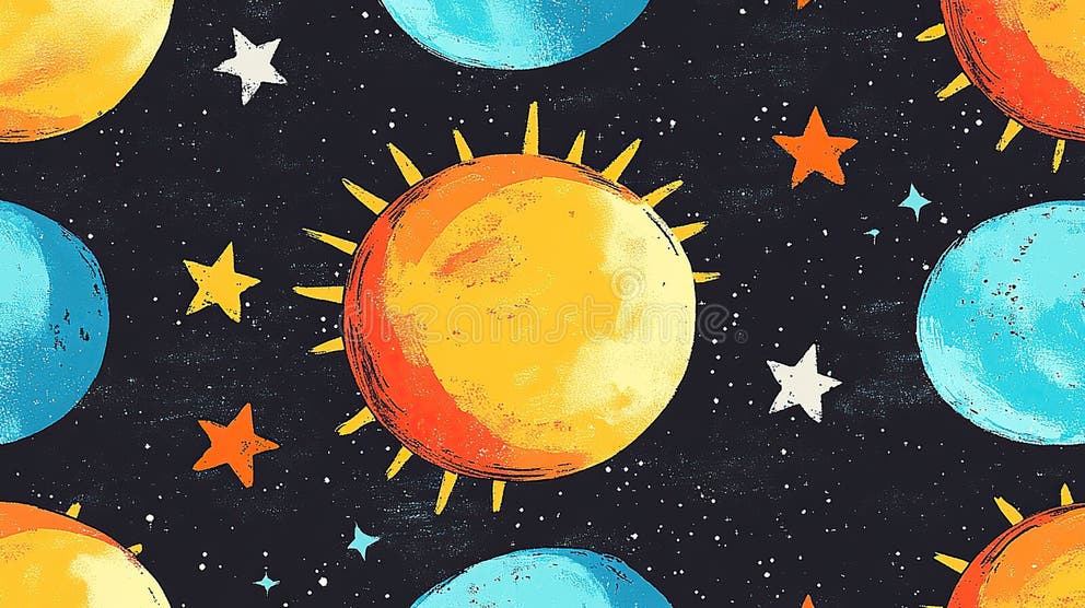 Space Pattern with Stylized Sun and Planets, Scattered Stars on a Dark ...
