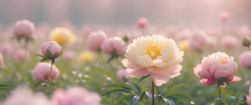 Space Peony Yellow Scene Pink Spring Center Meadow Stock Image - Image ...