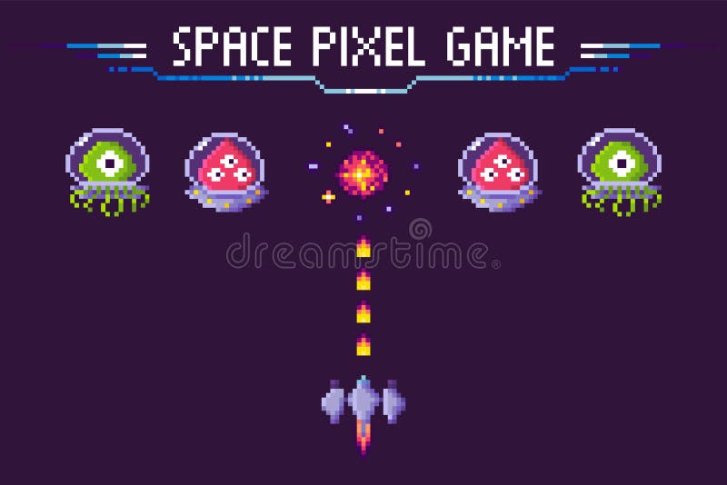 Space Pixel Game Aliens and Spaceship Pixelated Stock Vector ... Space Pixel Game Aliens and Spaceship Pixelated Stock Vector ...