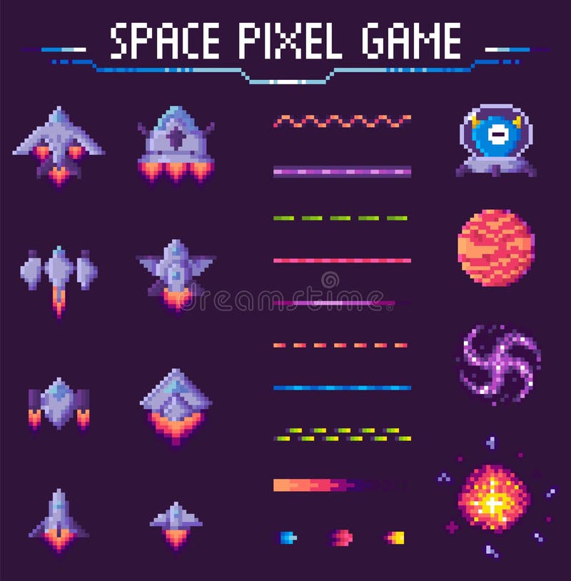 Space Pixel Game, Spaceship and Points Icons Set Stock Vector ... Space Pixel Game, Spaceship and Points Icons Set Stock Vector ...