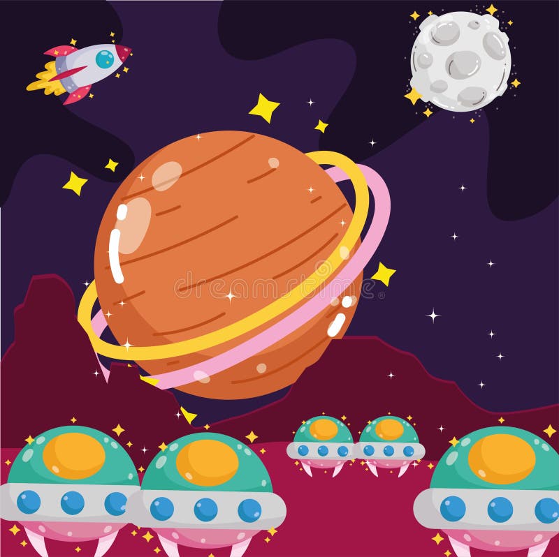 Space Planet Moon Rocket and Ufo Ships Explore Cartoon Stock Vector ...