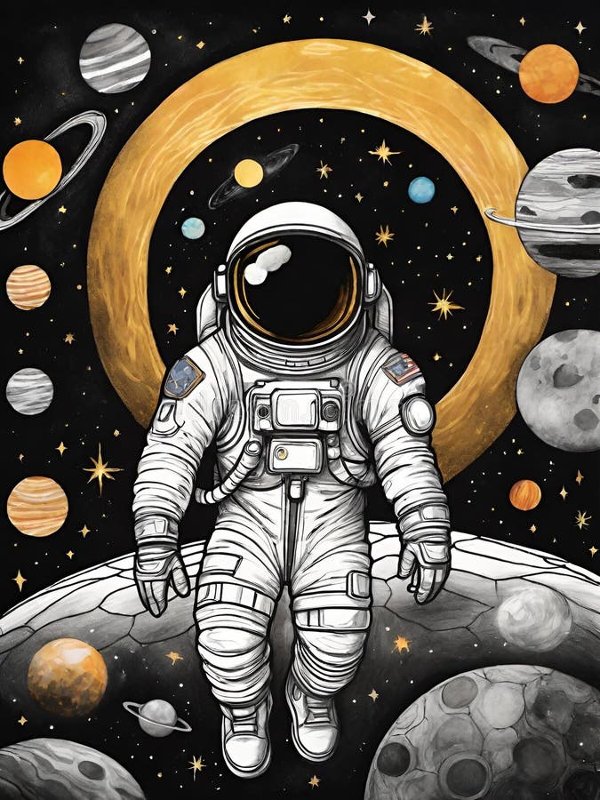 Space Planets and Astronaut. Hand Drawing Stock Illustration ...