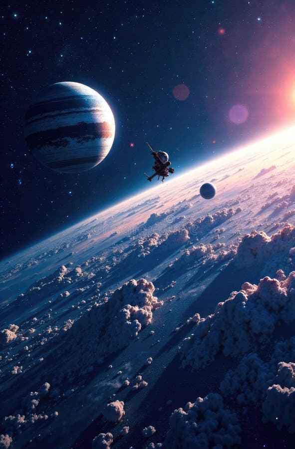 Space. Planets and Satellites Fly Above the Edge of the Earth Stock ...