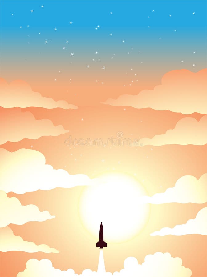 Space Poster of Rocket Launch Over a Cloudy and Starry Colorful Sky ...