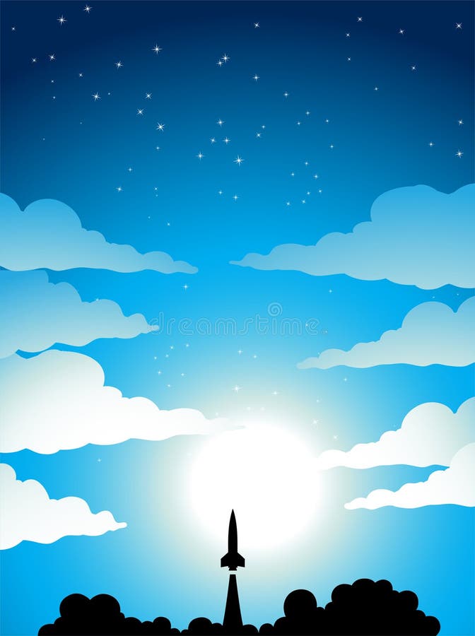 Space Poster of Rocket Launch Silhouette Over a Blue Starry Sky Stock ...