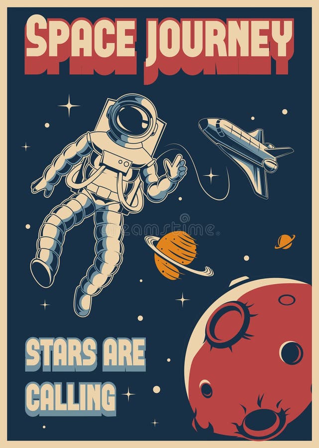 Space Poster. Vintage Postcard with Outdoor Mars Exploration on Flying ...