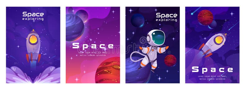 Space Posters with Astronaut, Rocket and Planets Stock Vector ...