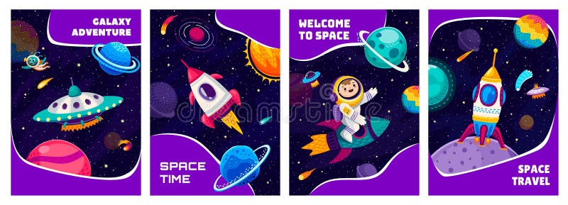 Space Posters with Astronauts, Rocket and Planets Stock Vector ...