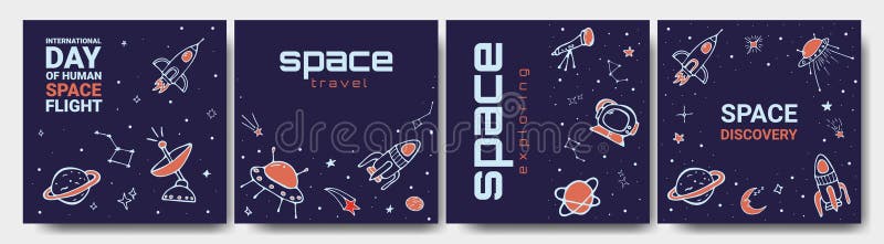 Space Posters Vector Set. Outer Space Background with Place for Text and Doodle Icons Stock ...