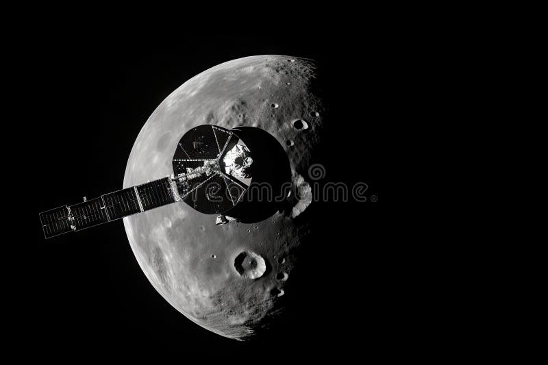 Space Probe Orbiting the Moon, with Its Shadow and Craters Visible ...