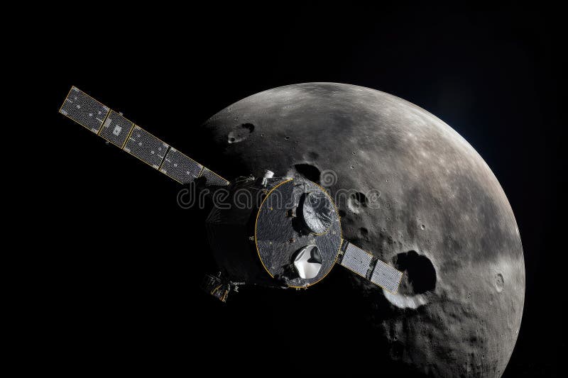 Space Probe Orbiting the Moon, with Its Shadow and Craters Visible ...