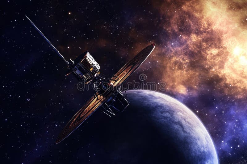 Space Probe Orbits Distant Planet in Vibrant Cosmic Landscape Stock ...