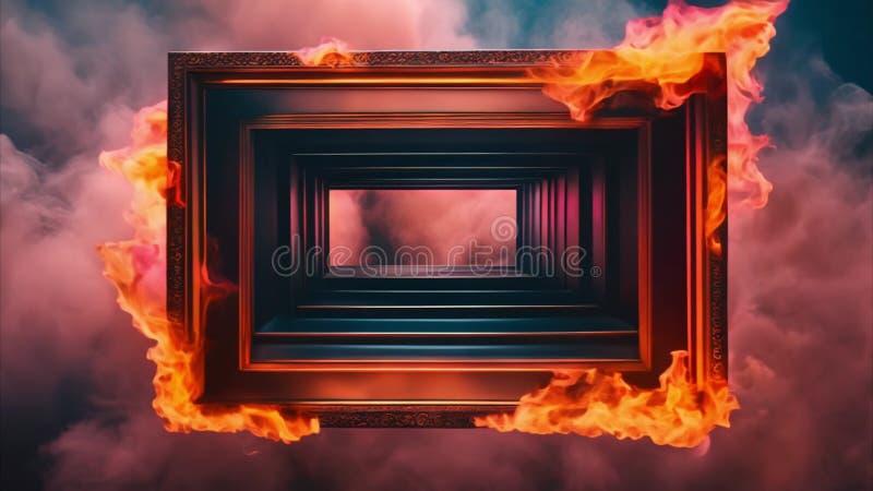 Space Rectangles on 3D Deep Frame Surrounded by Flames of Fire Around ...