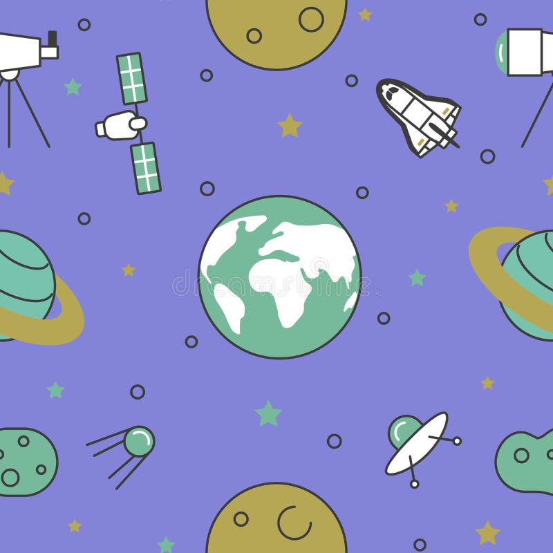 Space Research Line Art Thin Seamless Pattern Background with Shuttle ...