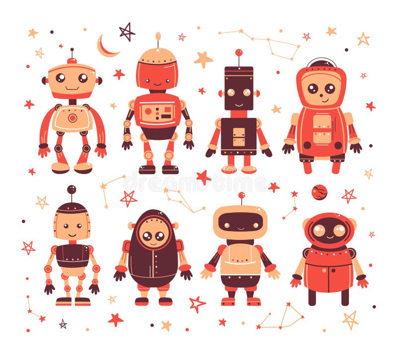 Space Robots. Cute Baby Robots, Planets and Stars Stock Vector ...