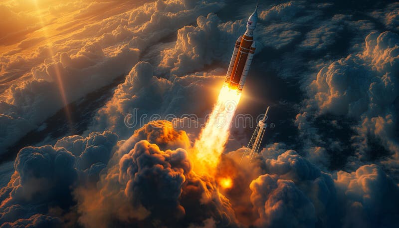 Space Rocket Ascending through Clouds Stock Image - Image of launch ...