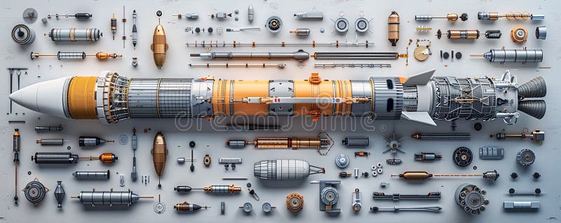 Space Rocket Assembly, Flat Design, Top View, Industrial Theme, 3D ...