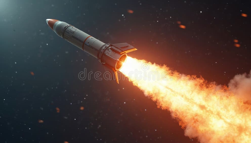 Space Rocket Blasting Off. Powerful Thrust, Fiery Exhaust, Ascending ...