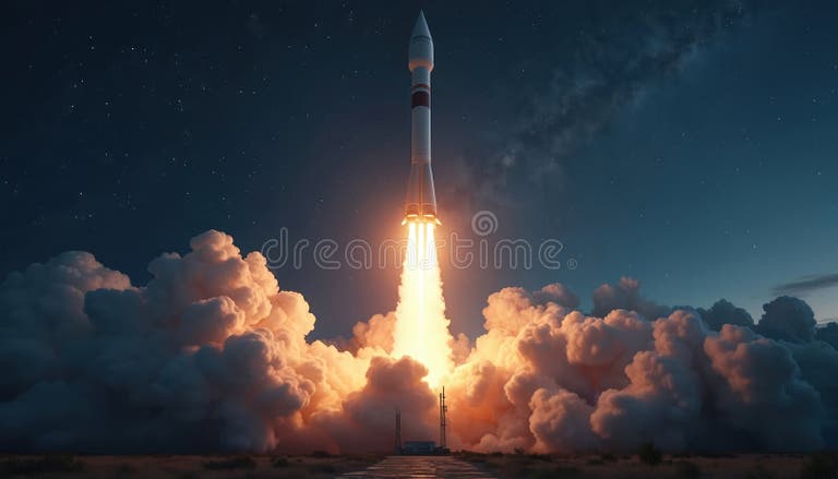 Space Rocket Blasts Off into Starry Sky. Successful Space Mission ...