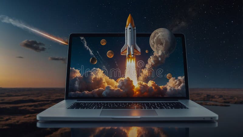 Space Rocket Emerging from Laptop Screen into the Cosmos Stock ...