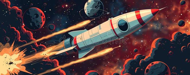 Space Rocket in Space, Flat Design, Side View, Interstellar Theme ...