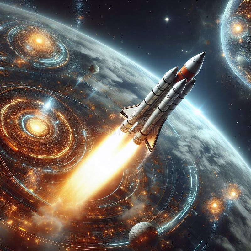 A Space Rocket Flies in Space. 3d Rendering. Generated AI Stock ...
