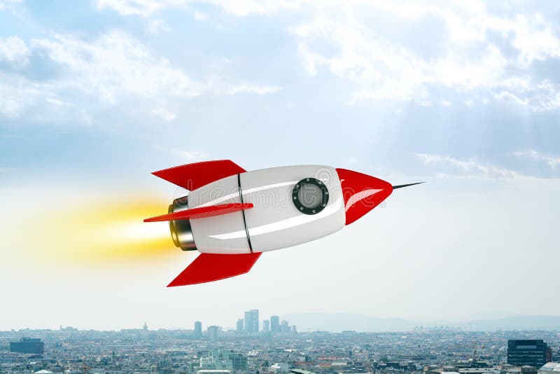 Space Rocket Flying Above City Stock Photo - Image of spaceship, future ...
