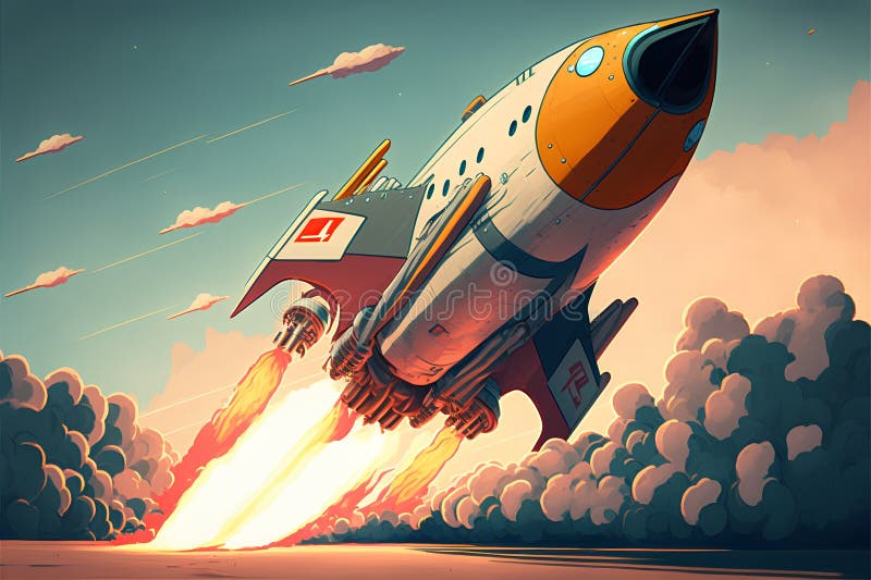 Space Rocket Flying in the Sky. 3d Illustration. Retro Style Stock ...