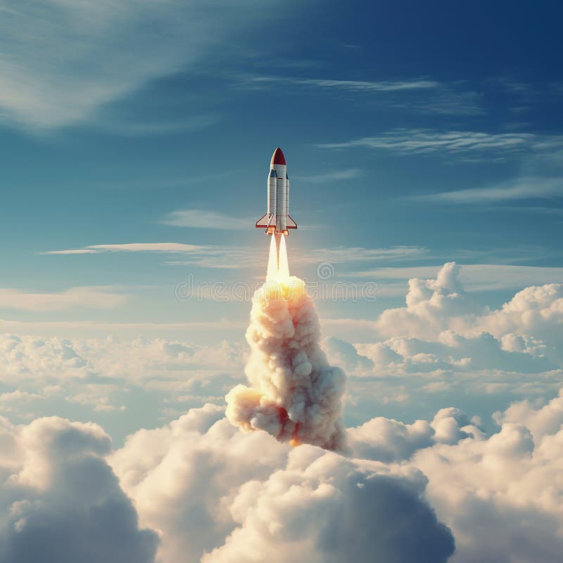 Space Rocket Flying Toward the Clouds Stock Illustration - Illustration ...