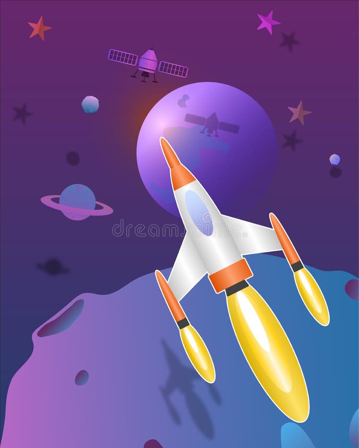 Space Rocket Flying in the Universe Cute Art Vector Paper Art Stock ...