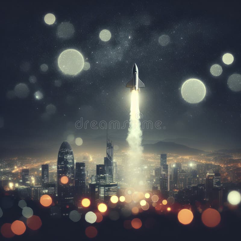 Space Rocket Launch in Clear Skies, Startup Concept on Blurry Glowing ...