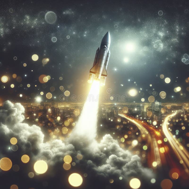 Space Rocket Launch in Clear Skies, Startup Concept on Blurry Glowing ...