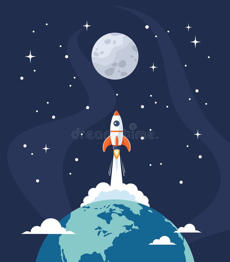 Space Rocket Launch from Earth Globe To Moon, Flat Vector Illustration ...