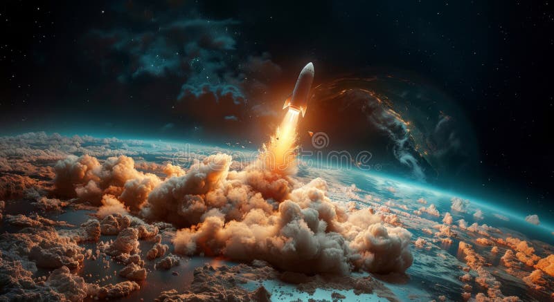 Space Rocket Launch from Earth at Night Amidst Glowing Clouds Stock ...