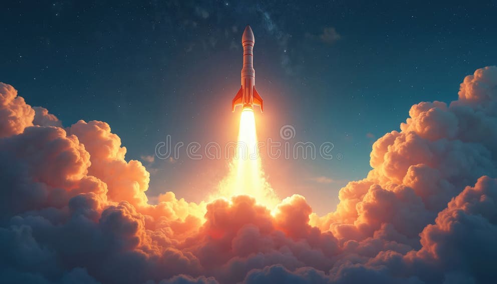 Space Rocket Launch Illustration. Powerful Rocket Blasts Off through ...