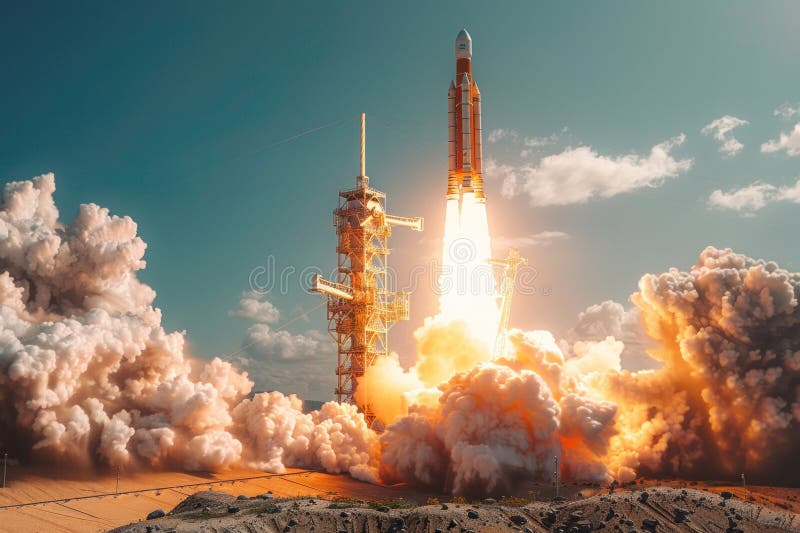 Space Rocket Launch from Launch Pad with Bright Flames and Thick White ...