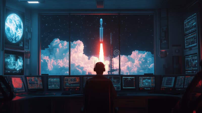 Space Rocket Launch Observed through Control Room Window Stock Photo ...