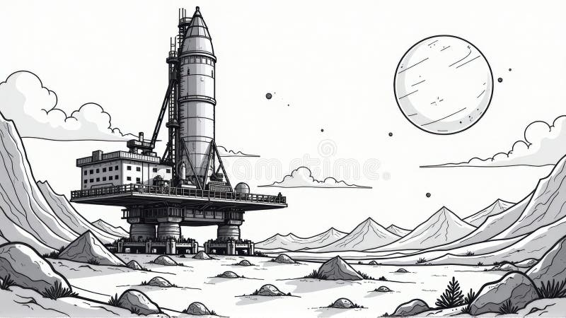 Space Rocket Launch Pad on Alien Planet - Monochrome Illustration Stock ...