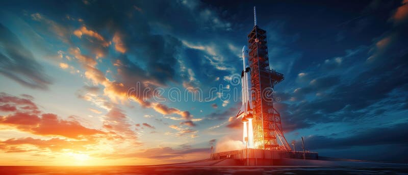 Space Rocket on Launch Pad, Panoramic Shot of the Sky and the Setting ...