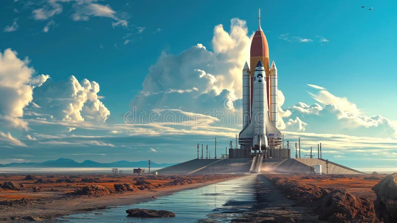 Space Rocket on Launch Pad, Panoramic Shot of the Sky and the Setting ...