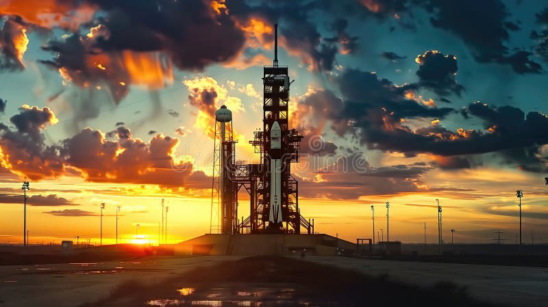 Space Rocket on Launch Pad, Panoramic Shot of the Sky and the Setting ...