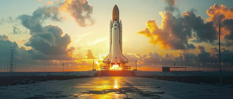 Space Rocket on Launch Pad, Panoramic Shot of the Sky and the Setting ...
