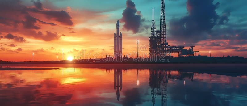 Space Rocket on Launch Pad, Panoramic Shot of the Sky and the Setting ...