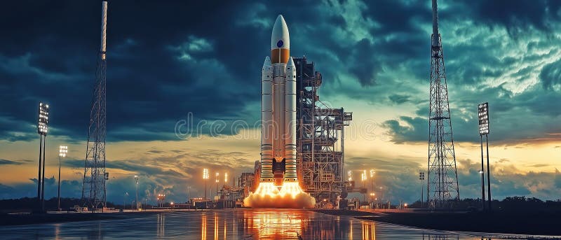 Space Rocket on Launch Pad, Panoramic Shot of the Sky and the Setting ...
